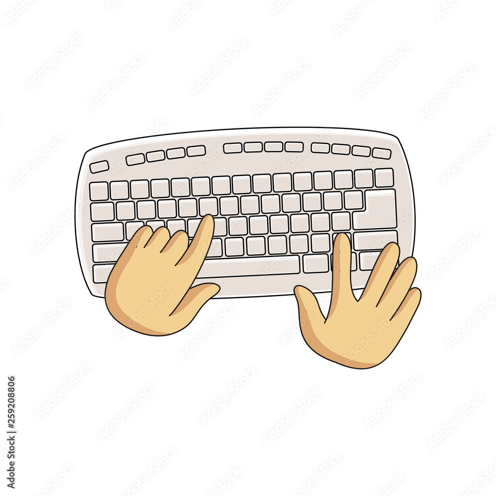 Wireless compact keyboard without numlock and user hands isolated on ...