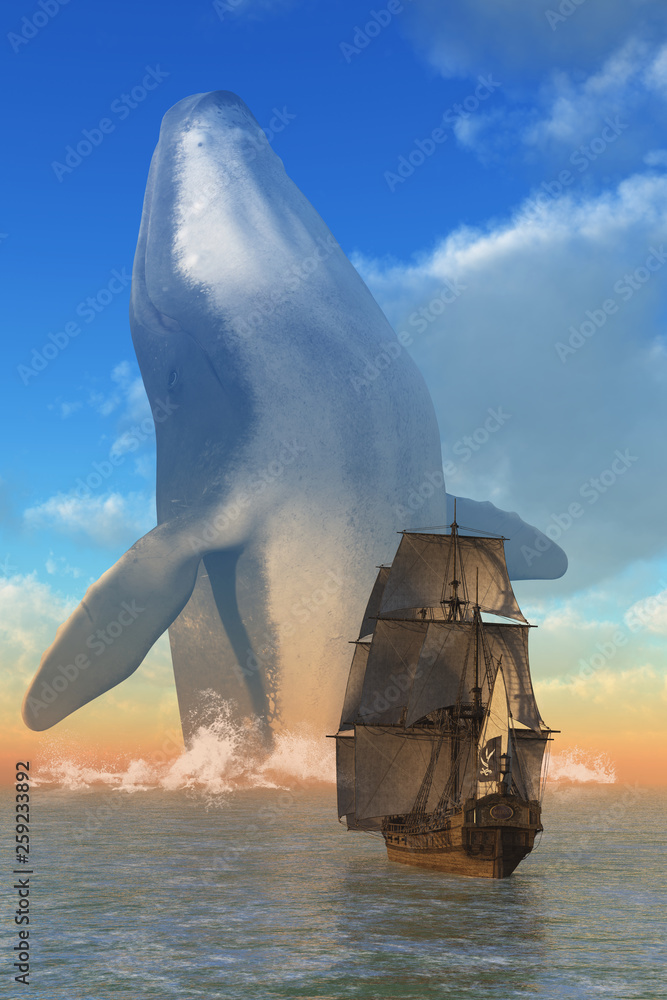 A supernaturally large humpback whale emerges from the sea infront of a ...