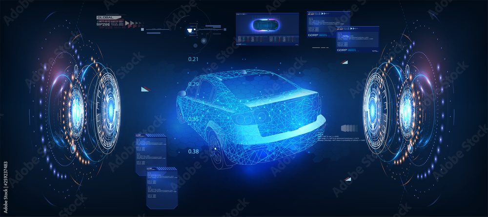Future car in abstract style on blue background. Futuristic vector HUD ...