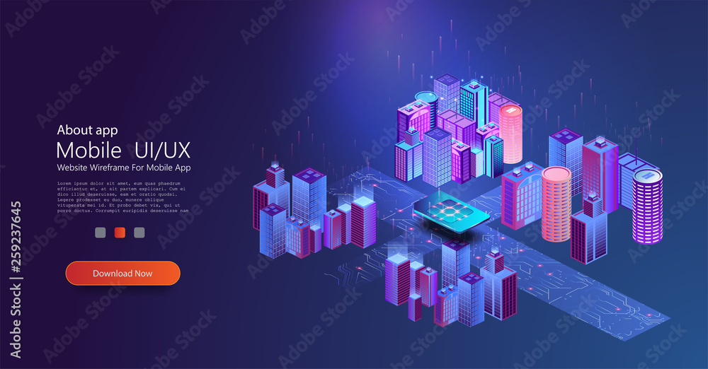 Smart city concept. Isometric modern urban landscape. Futuristic ...