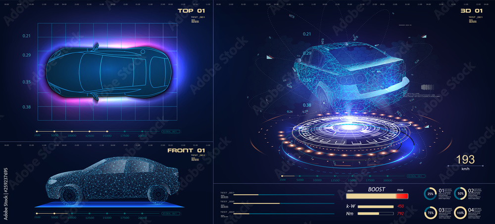 Future car in abstract style on blue background. Futuristic vector HUD ...