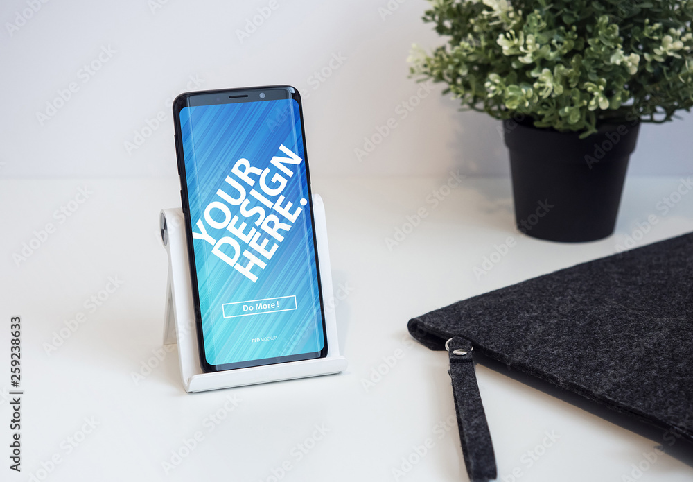 Smartphone on a Vertical Stand with a Plant and Folio Mockup Stock ...