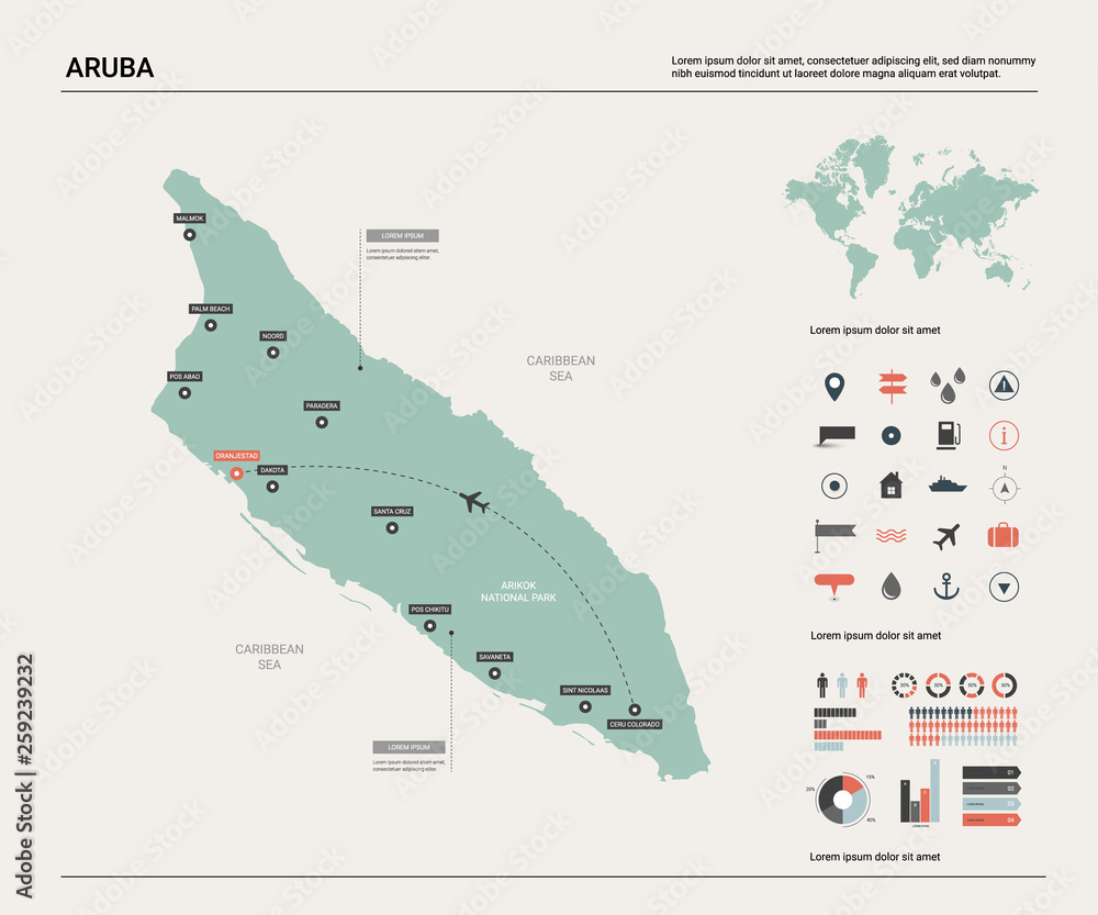 Vector map of Aruba. High detailed country map with division, cities ...