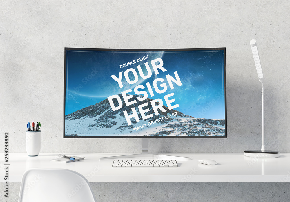 Curved Monitor on White Desktop Mockup Stock Template | Adobe Stock