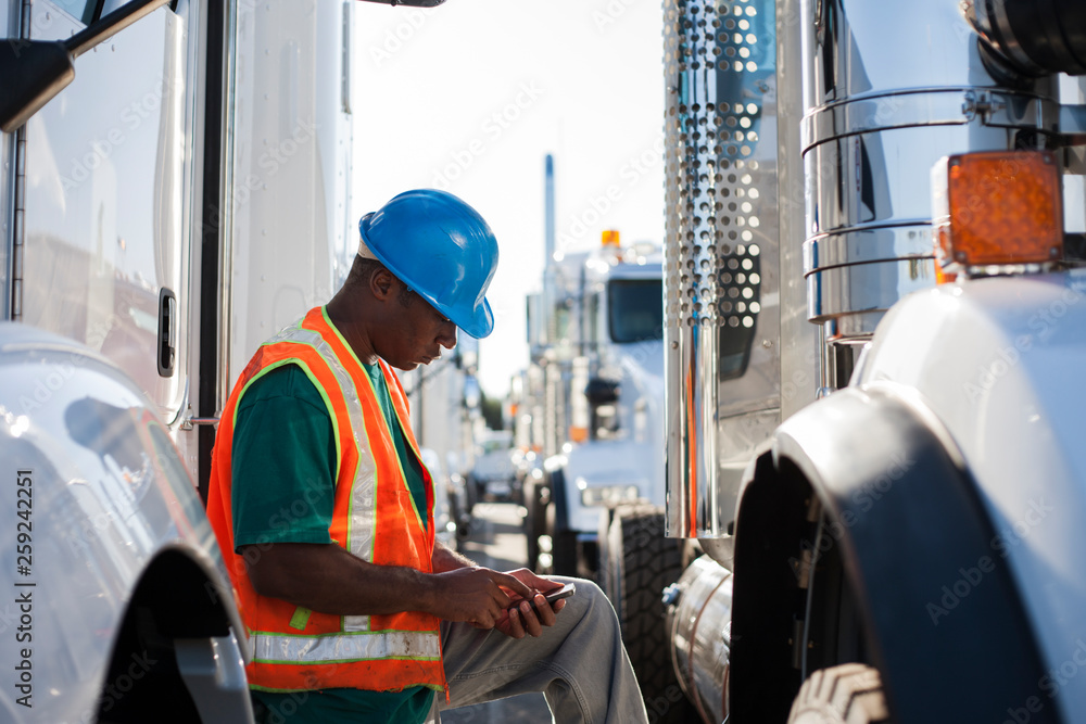 Truck driver and fleet of trucks Stock Photo | Adobe Stock