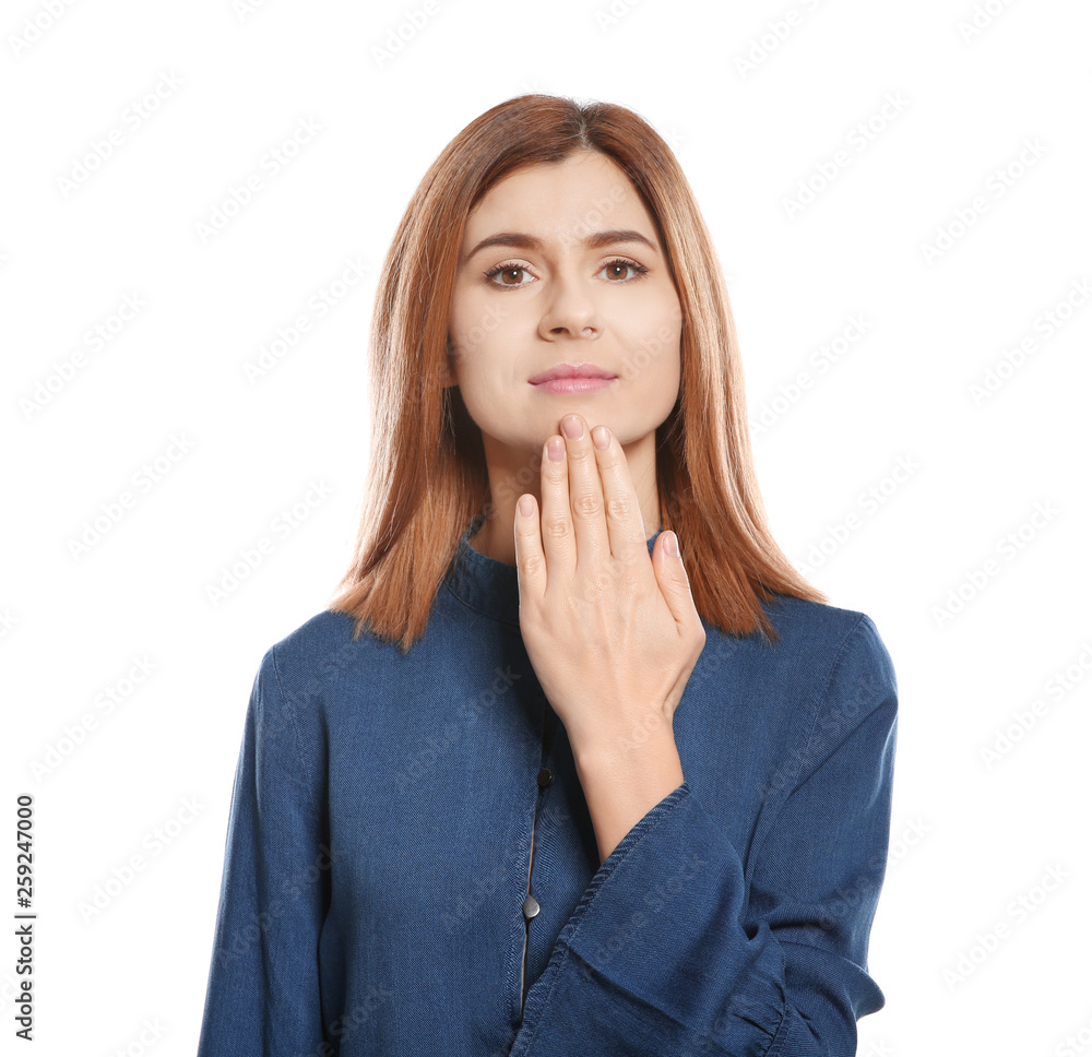 Woman showing THANK YOU gesture in sign language on white background ...