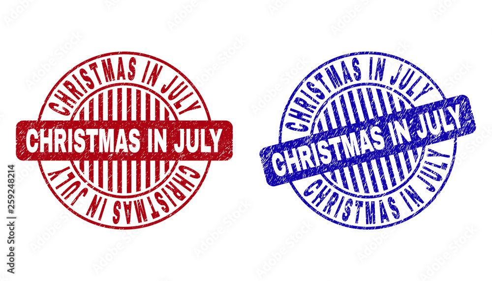 Grunge CHRISTMAS IN JULY round stamp seals isolated on a white ...