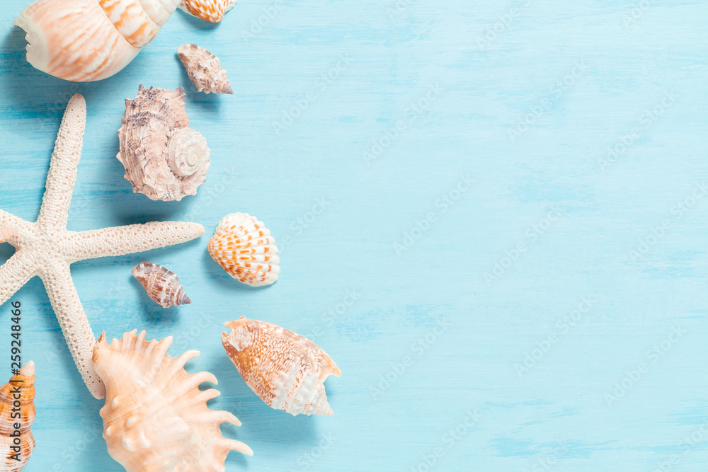 Blue sea background with copy space and seashell border, summer holiday ...