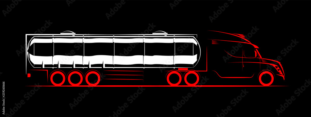 milk tanker, petrol tanker simple side view schematic image on a black ...