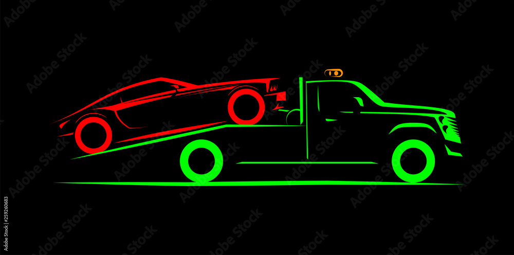 tow truck with full loading simple side view schematic image on black ...