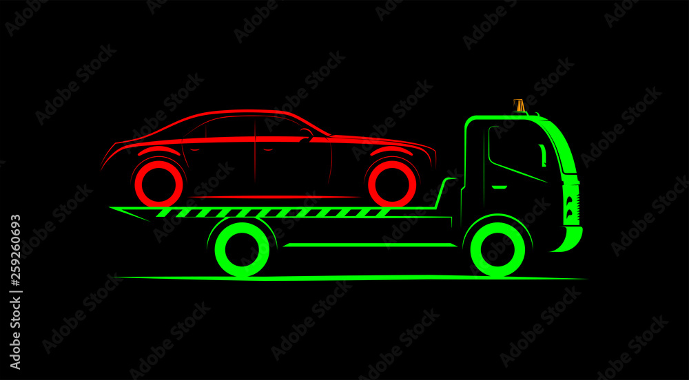 tow truck with full loading simple side view schematic image on black ...