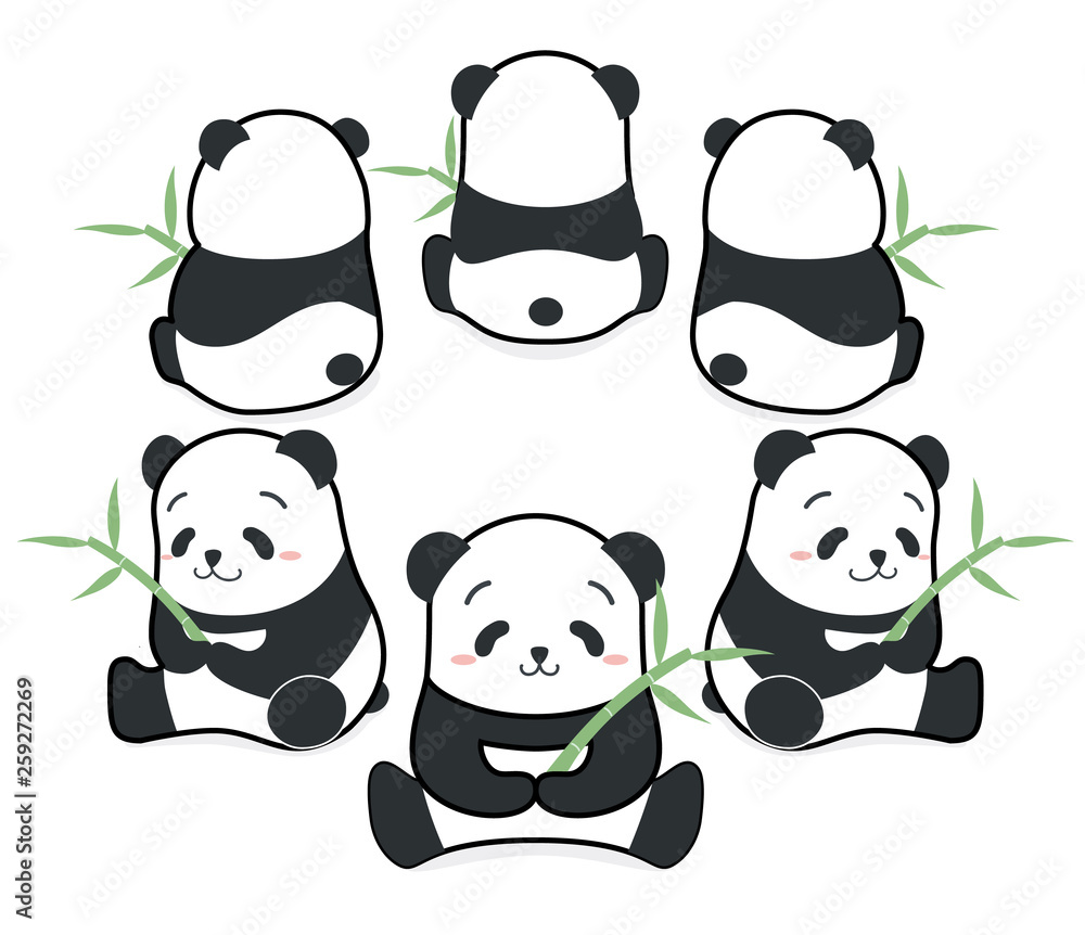 Cute funny cartoon style panda bear sitting in the circle with bamboo ...