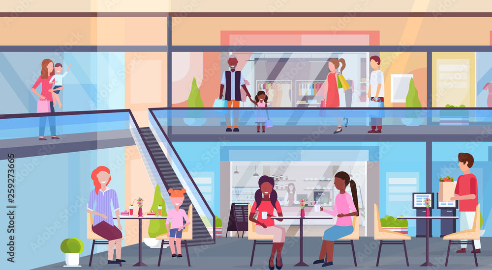 visitors walking modern shopping mall with clothes boutiques and coffee ...