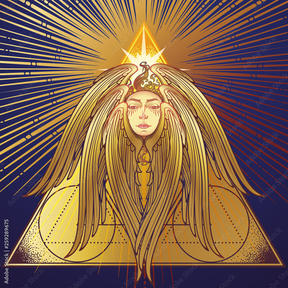6 winged seraphim on a golden triangle with light beams radiating ...
