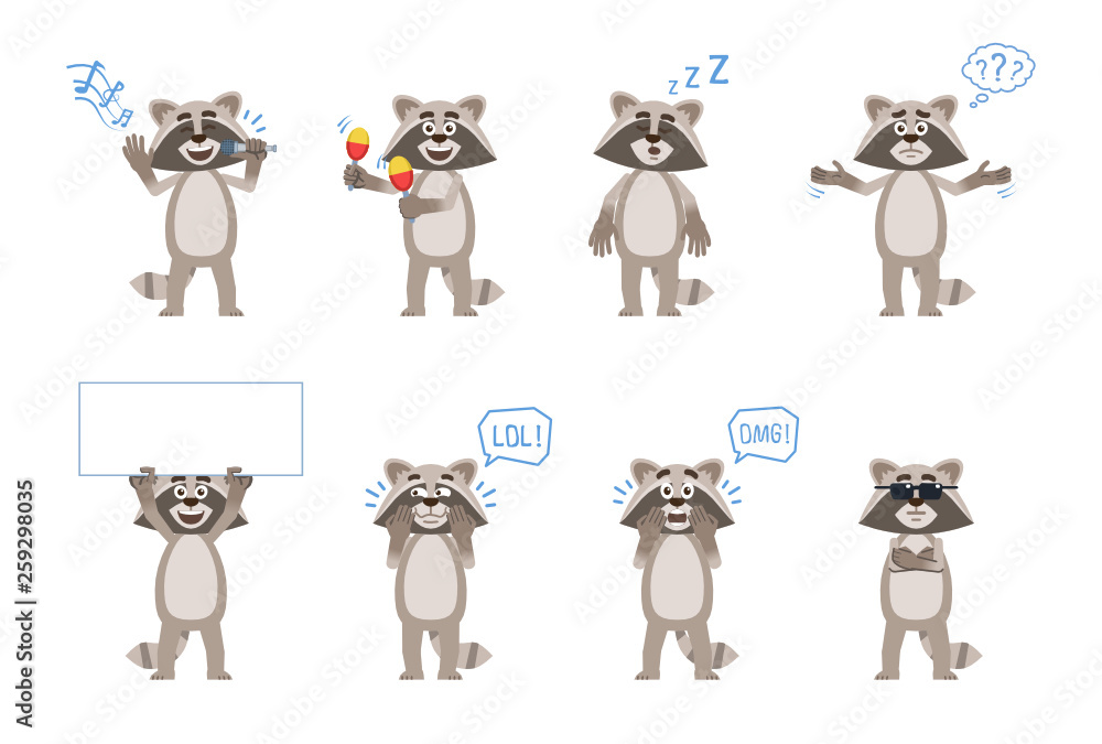 Set of cartoon raccoon characters posing in different situations ...