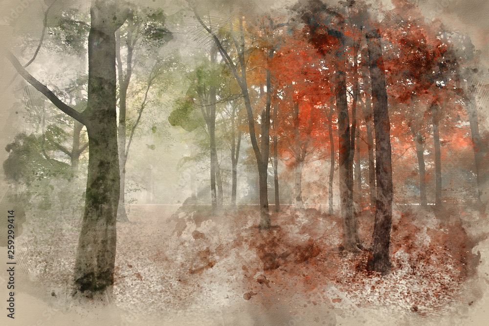 Watercolour painting of Seasons changing from Summer into Autumn Fall ...