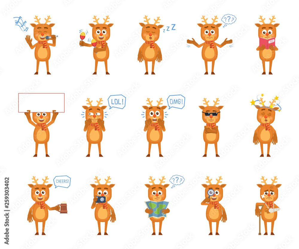 Big set of reindeer characters posing in different situations. Cheerful ...