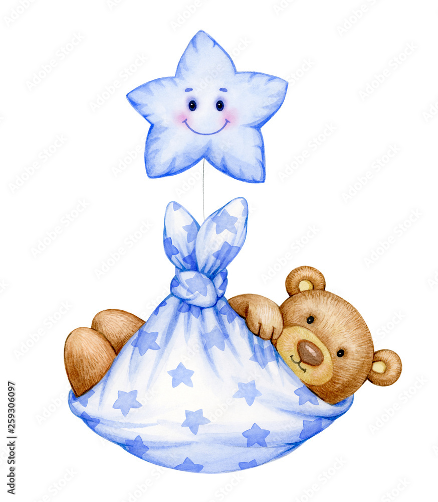 Cute baby Teddy bear cartoon with star, isolated on white. Stock ...