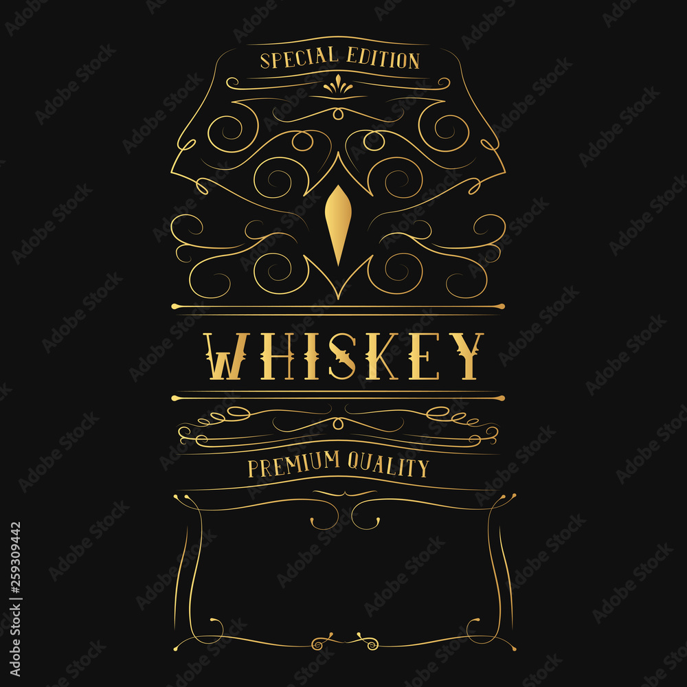 Vintage golden whiskey label for bottle with lettering. Hand drawn gold ...