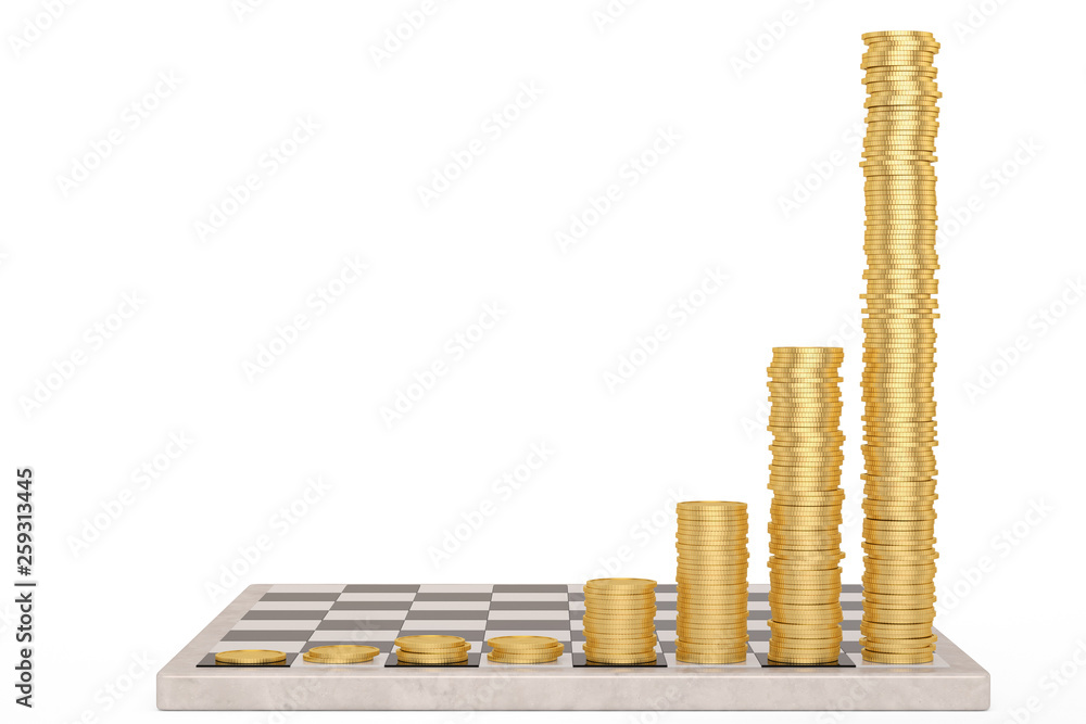 Chessboard with growing height coins stacks exponential growth and ...