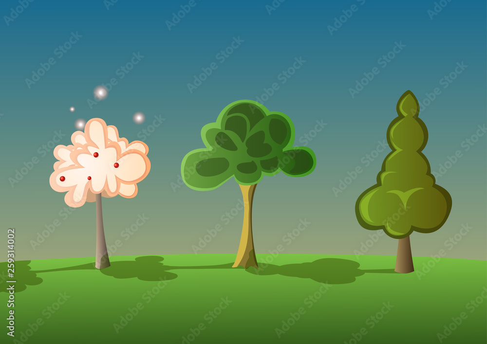 Three cartoon trees in the middle of the forest in the same row. Vector ...