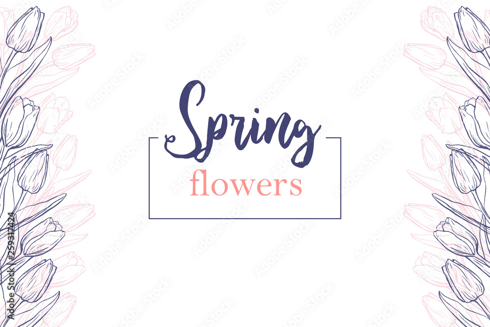 Horizontal background template with hand drawn tulips and text. Banner ...