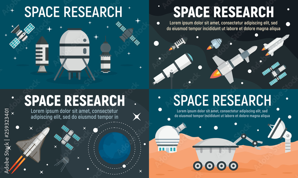 Space research technology banner set. Flat illustration of space ...