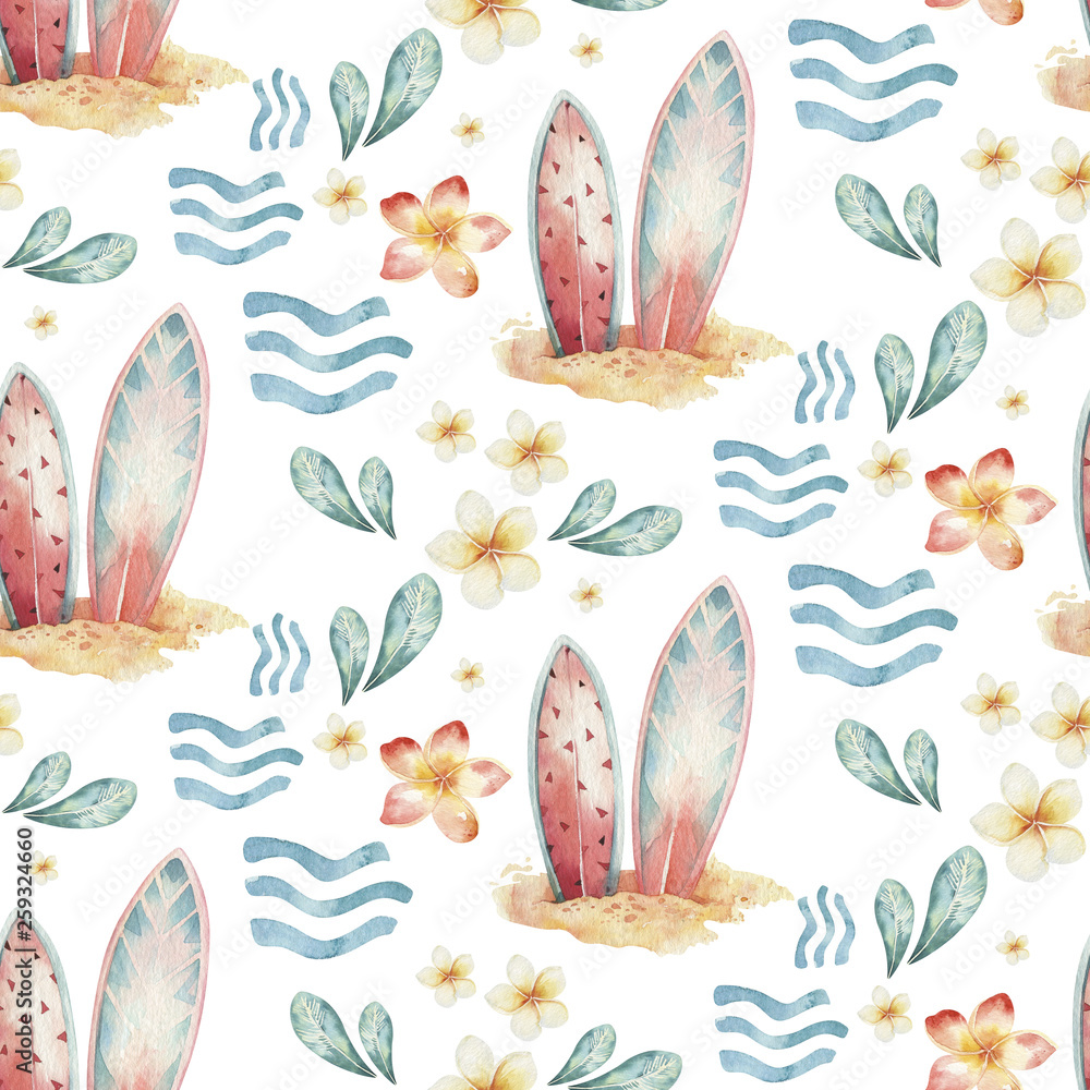 Watercolor style seamless surfing pattern of surf man and woman surfers ...