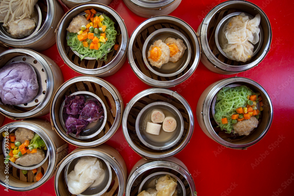 food Chinese dim sum in a bamboo steamer box sphere,Concept:Traditional ...