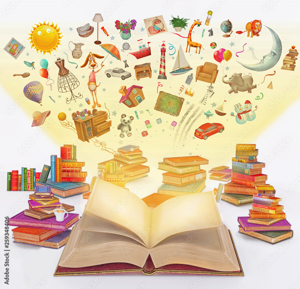 3D illustration rendering cartoon of many multi colored vintage books ...