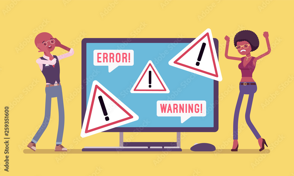 Vektorová grafika „PC error, warnings for users. Black angry male ...