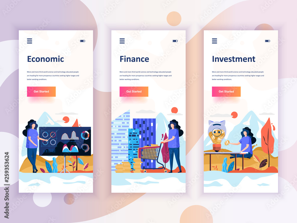 Set of onboarding screens user interface kit for Economics, Finance ...