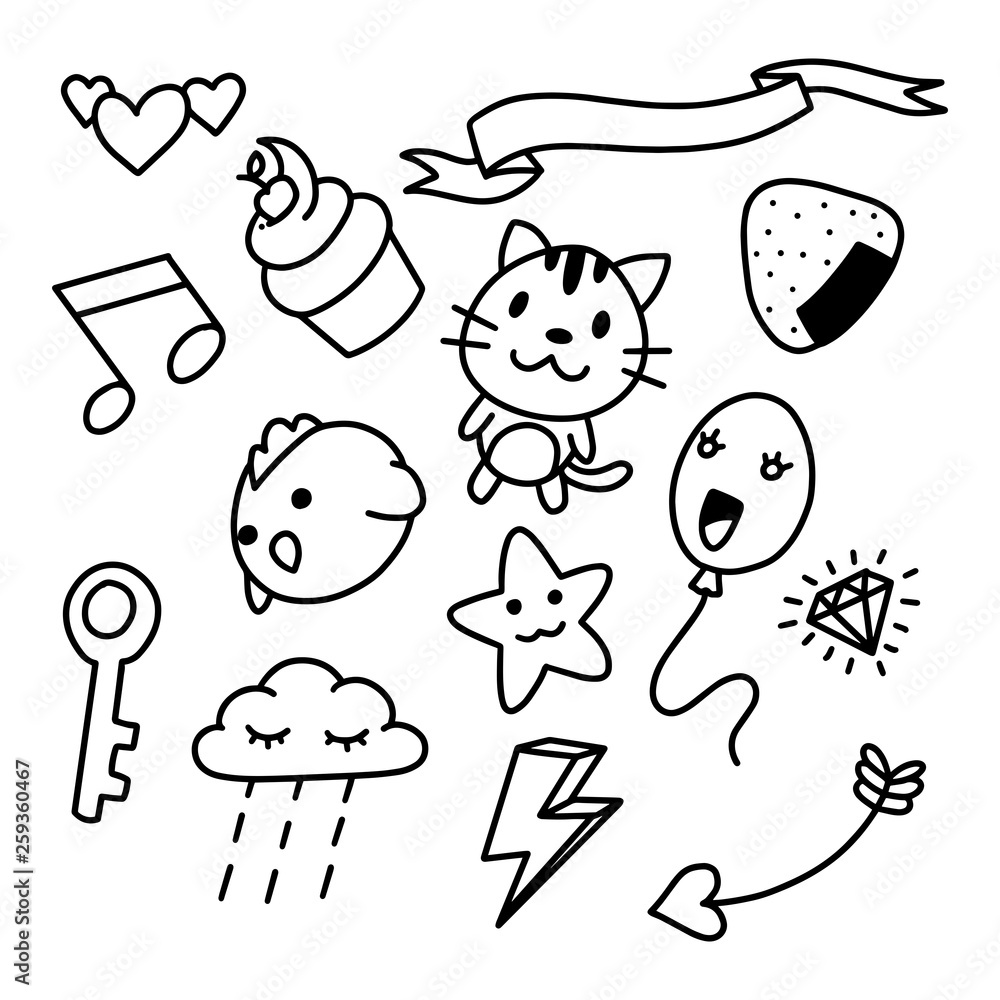 Vector illustration of Cute girly doodles set drawn by hand Stock ...