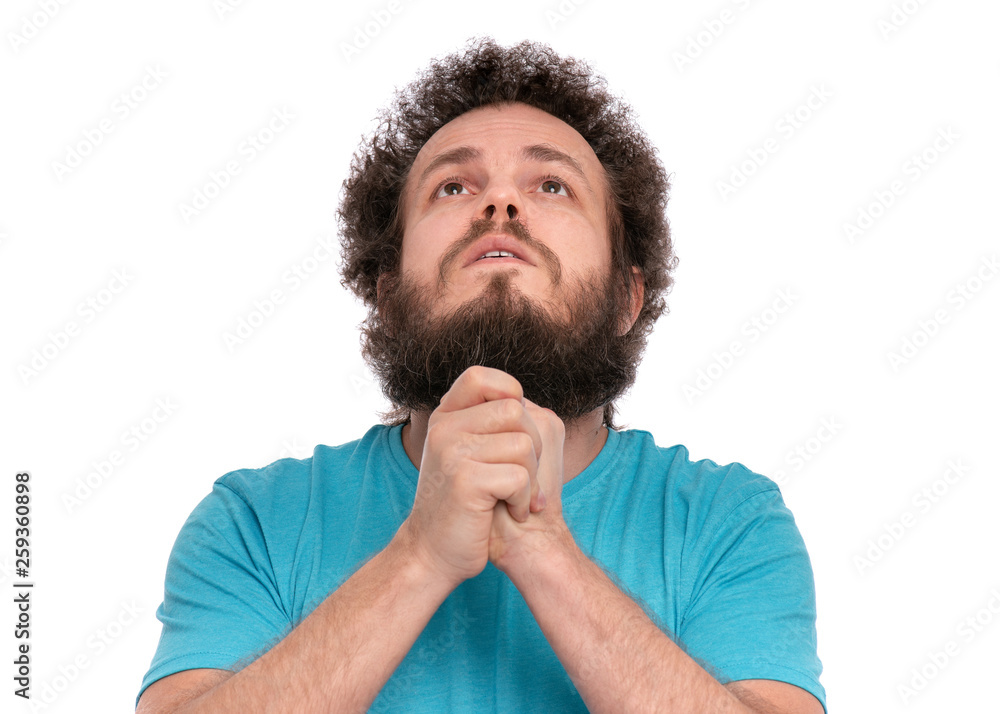 Portrait of caucasian crazy bearded Man with funny Curly Hair - saying ...