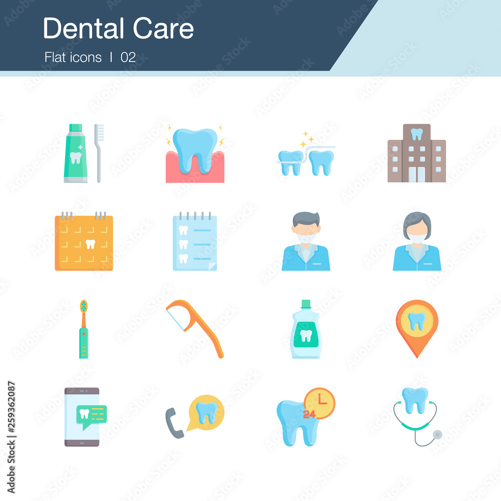 Dental care, prevention, check up and dental treatment icons. Flat ...