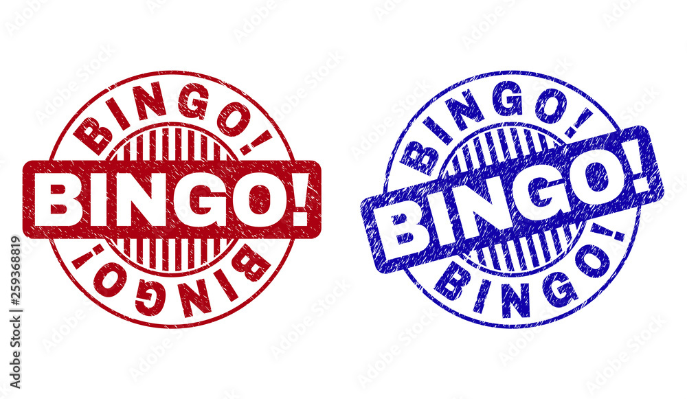 Grunge BINGO Exclamation round stamp seals isolated on a white ...