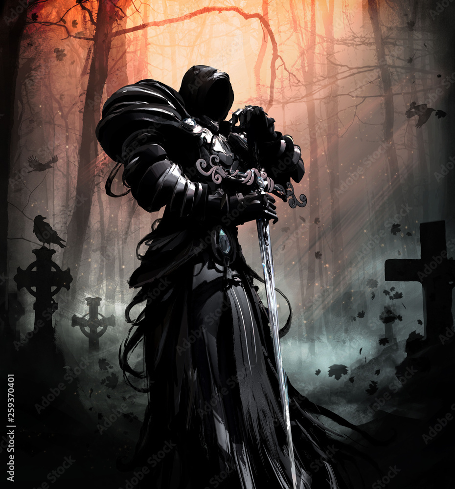 A black spirit in plate armor and a hood, with a crystal sword, hovers ...