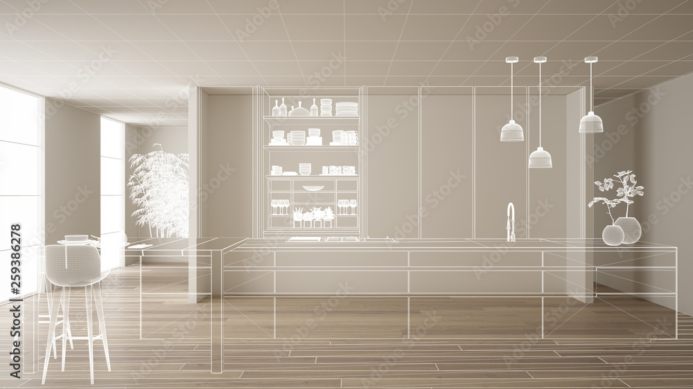 Empty white interior with parquet floor and white walls, custom ...