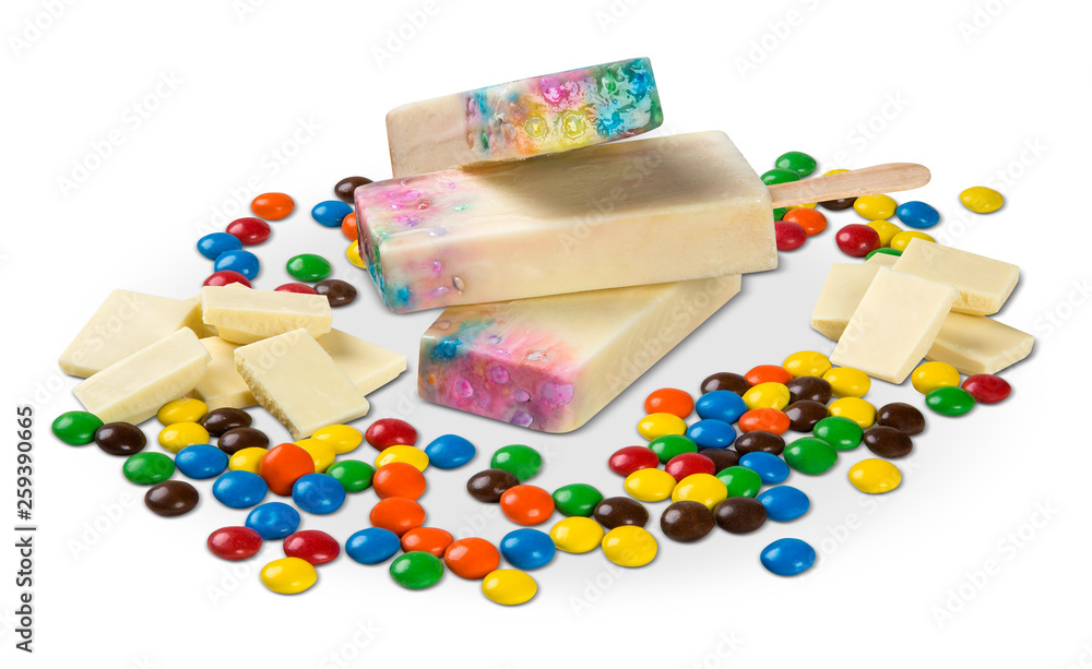 Stick ice cream white chocolate and colored sweet flavor isolated on ...