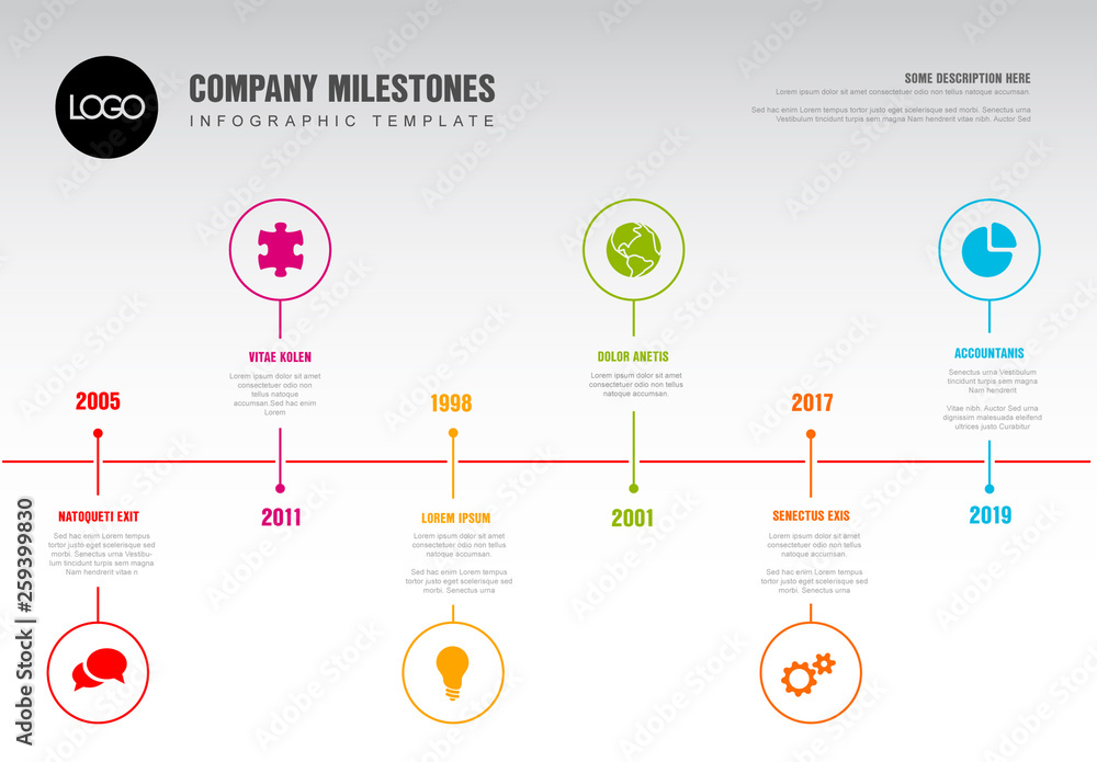 Colorful Thin Timeline Layout with Icons Stock Template | Adobe Stock