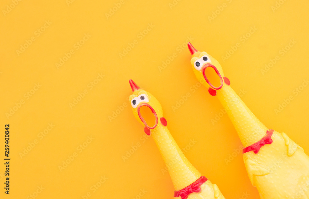 Two Chickens shouting Toy on blue background. Squeaky toy yellow ...