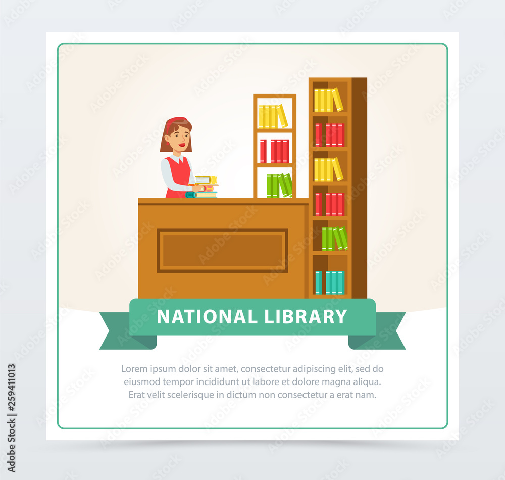 Female librarian at service desk banner, education, school, study and ...