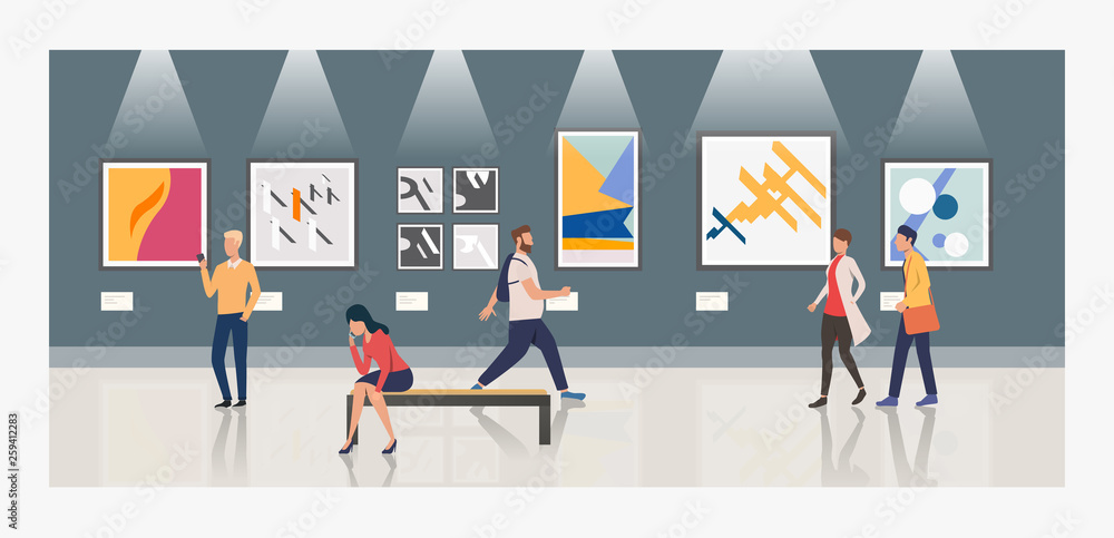 Visitors in modern art gallery vector illustration Stock Vector | Adobe ...