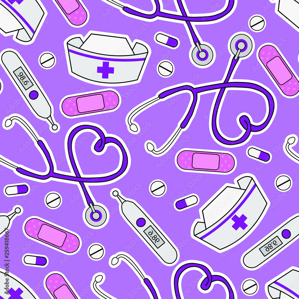 Hand drawn nurse hospital elements vector illustration seamless pattern ...