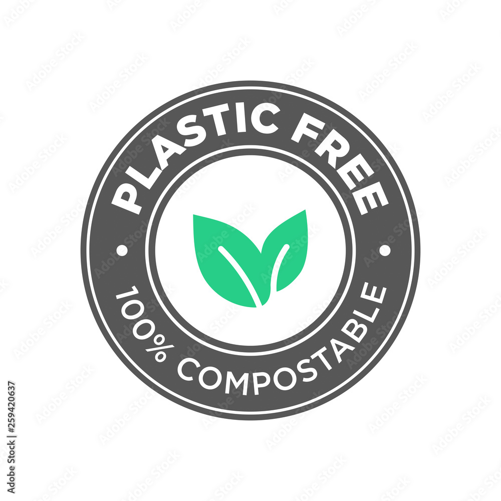 Plastic free. 100% Compostable icon. Round green and black symbol ...