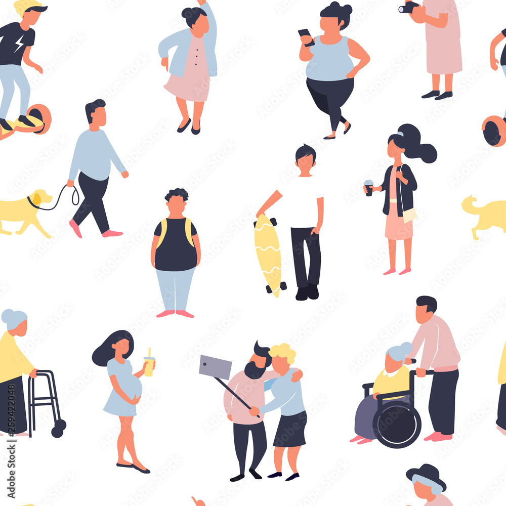 Seamless pattern with cartoon people walking on street. Crowd of male ...