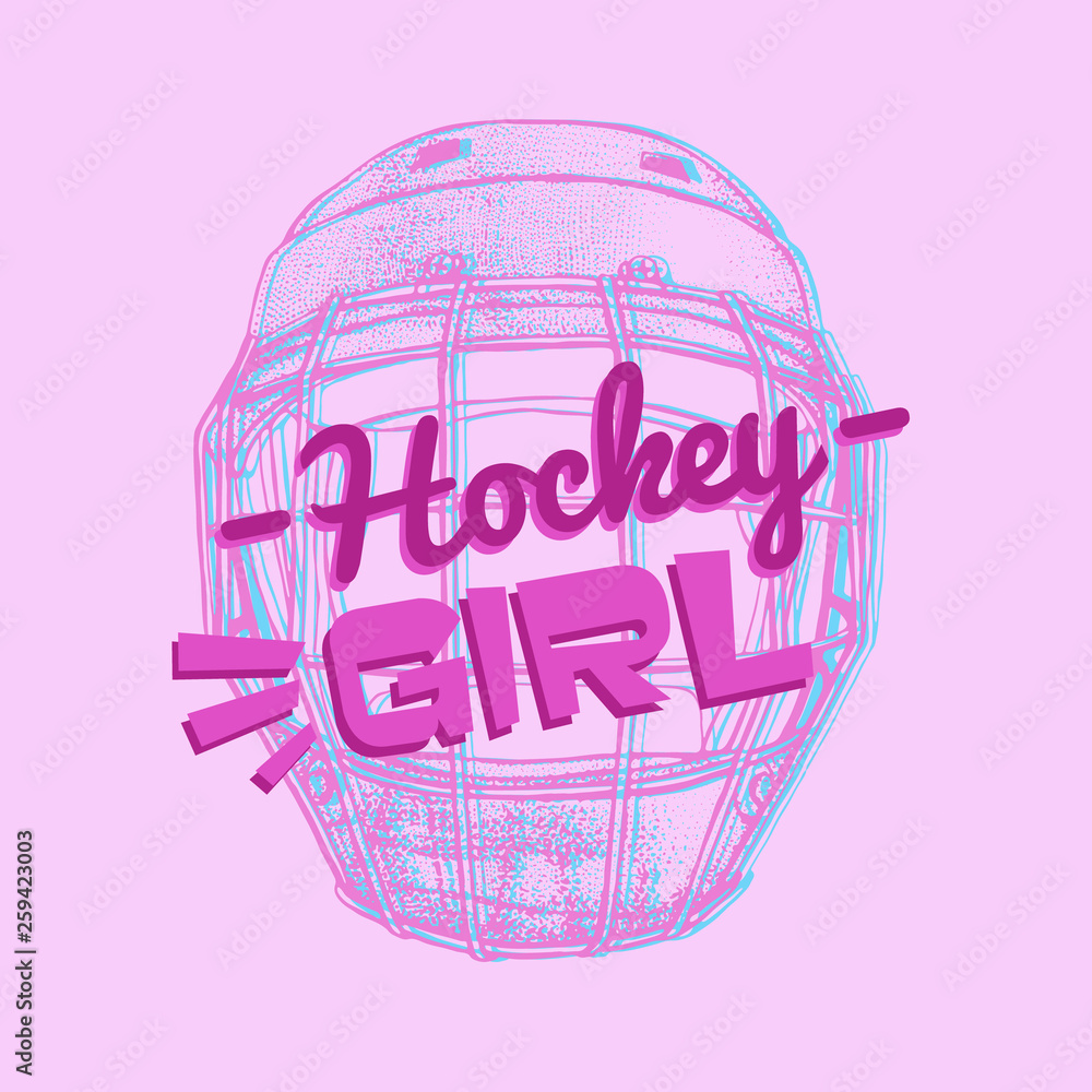 Vector hockey girl lettering. Isolated pink hockey helmet with mask for ...