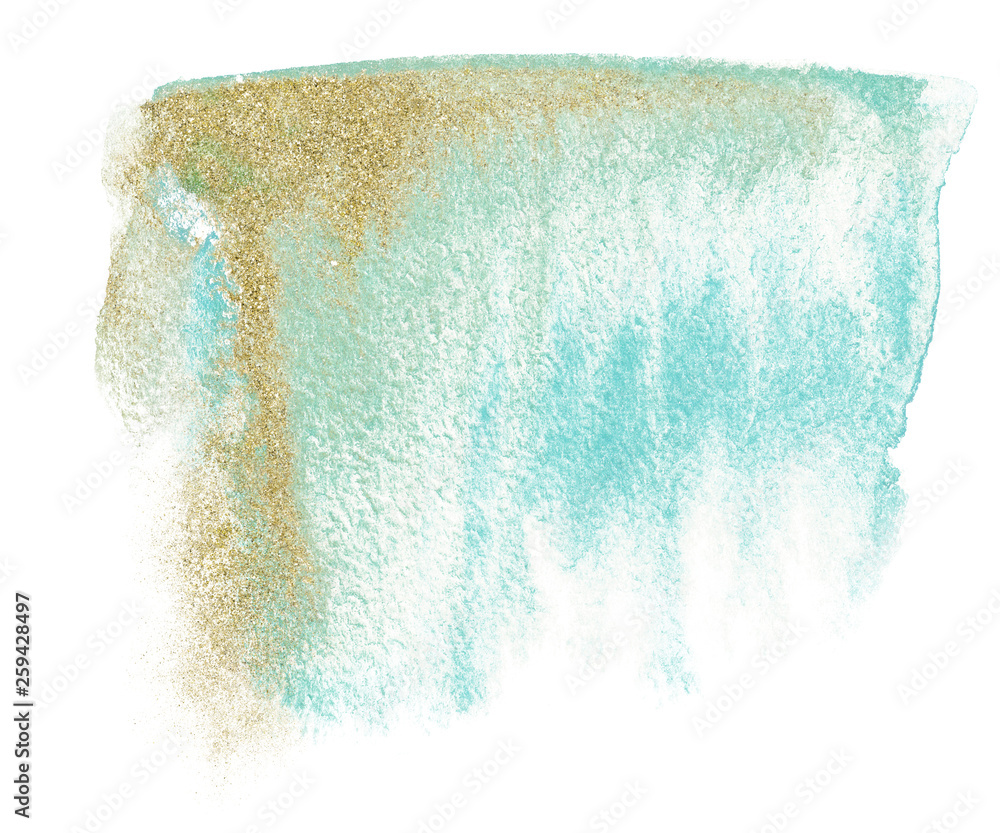 Gold, blue and turquoise watercolor texture design. Brush stroke frame ...