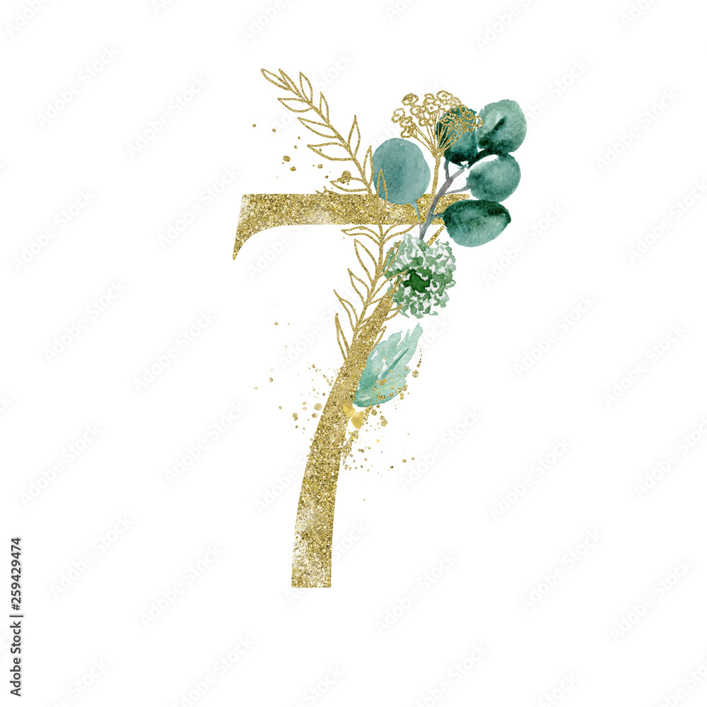 Gold Floral Numbers - digit 7 with green botanic branch bouquet ...