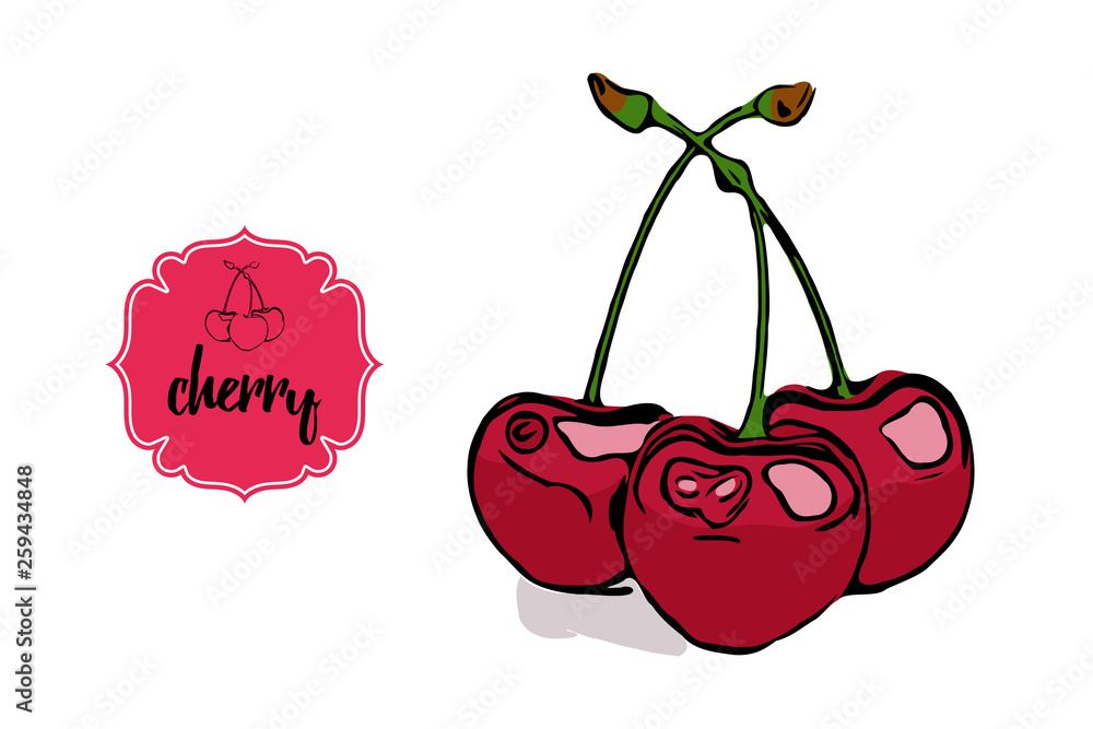 Three cartoon hand drawn red cherries isolated on white background ...